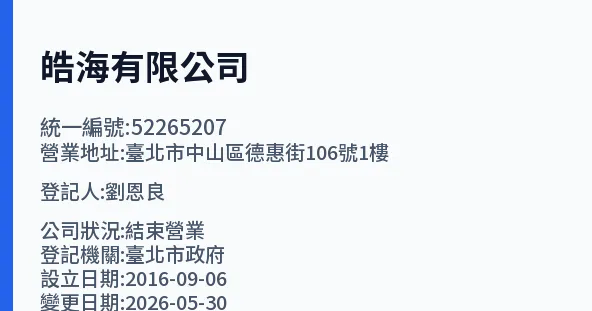 皓海有限公司的照片-統編 52265207(臺北市) 公司登記資料與營業項目詳細圖表