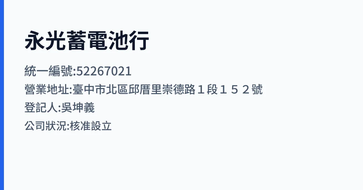 永光蓄電池行 - 統編 52267021(臺中市) 公司登記資料與營業項目詳細圖表