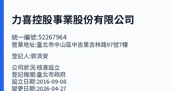 力喜控股事業股份有限公司的照片-統編 52267964(臺北市) 公司登記資料與營業項目詳細圖表