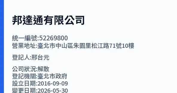 邦達通有限公司的照片-統編 52269800(臺北市) 公司登記資料與營業項目詳細圖表