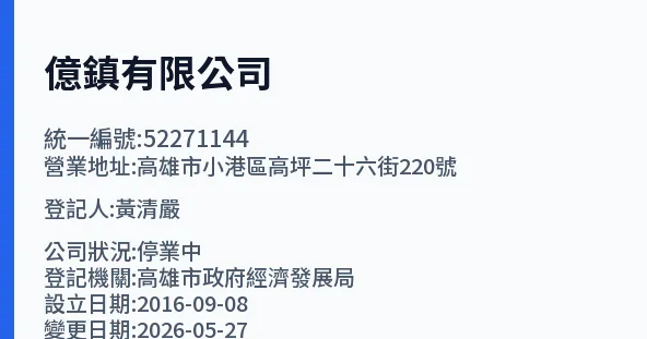 億鎮有限公司的照片-統編 52271144(高雄市) 公司登記資料與營業項目詳細圖表