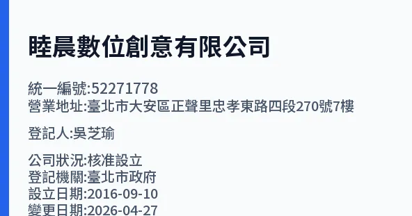 睦晨數位創意有限公司的照片-統編 52271778(臺北市) 公司登記資料與營業項目詳細圖表