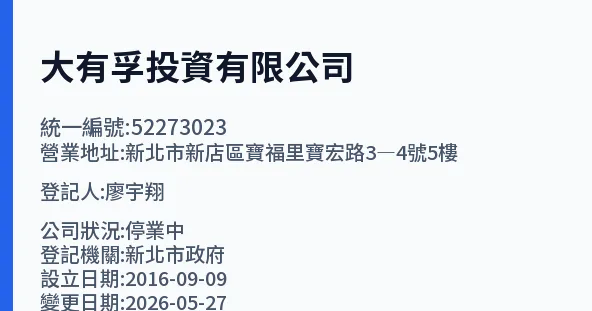 大有孚投資有限公司的照片-統編 52273023(新北市) 公司登記資料與營業項目詳細圖表