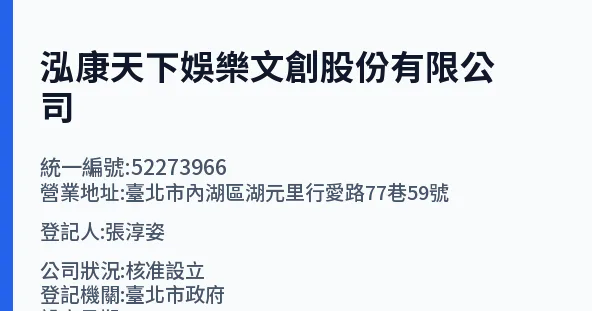 泓康天下娛樂文創股份有限公司的照片-統編 52273966(臺北市) 公司登記資料與營業項目詳細圖表