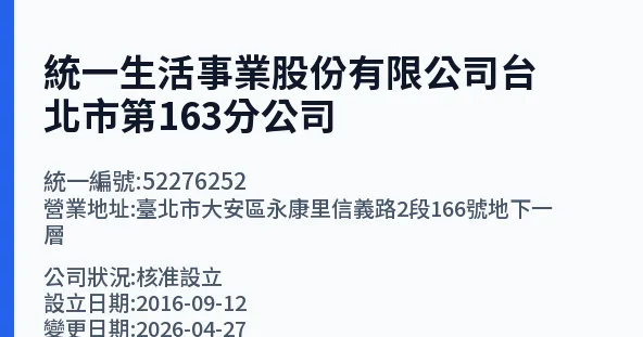 統一生活事業股份有限公司台北市第163分公司的照片-統編 52276252(臺北市) 公司登記資料與營業項目詳細圖表