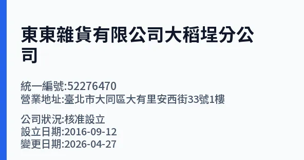 東東雜貨有限公司大稻埕分公司的照片-統編 52276470(臺北市) 公司登記資料與營業項目詳細圖表