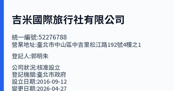 吉米國際旅行社有限公司的照片-統編 52276788(臺北市) 公司登記資料與營業項目詳細圖表