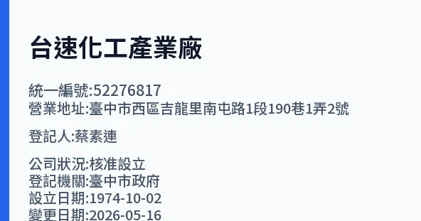 台速化工產業廠的照片-統編 52276817(臺中市) 公司登記資料與營業項目詳細圖表
