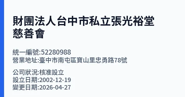 財團法人台中市私立張光裕堂慈善會的照片-統編 52280988(臺中市) 公司登記資料與營業項目詳細圖表