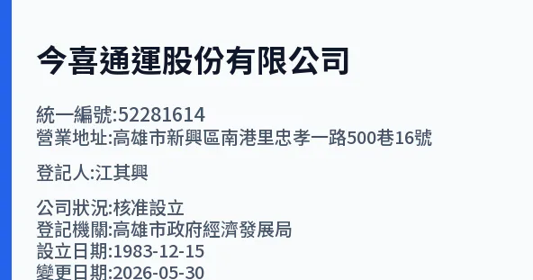 今喜通運股份有限公司的照片-統編 52281614(高雄市) 公司登記資料與營業項目詳細圖表