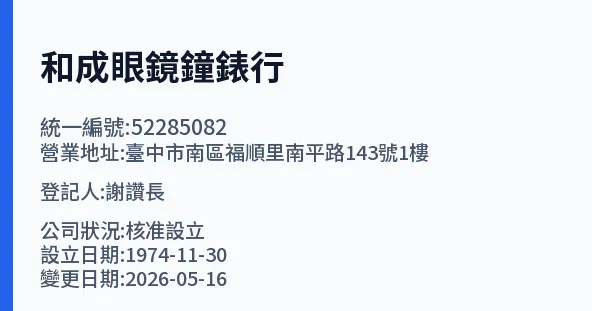 和成眼鏡鐘錶行的照片-統編 52285082(臺中市) 公司登記資料與營業項目詳細圖表