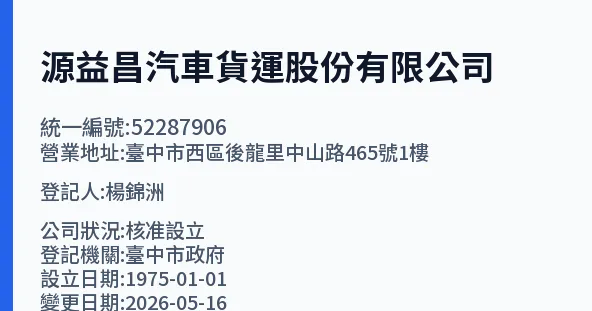 源益昌汽車貨運股份有限公司的照片-統編 52287906(臺中市) 公司登記資料與營業項目詳細圖表