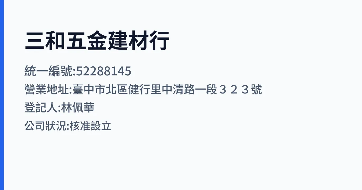 三和五金建材行 - 統編 52288145(臺中市) 公司登記資料與營業項目詳細圖表