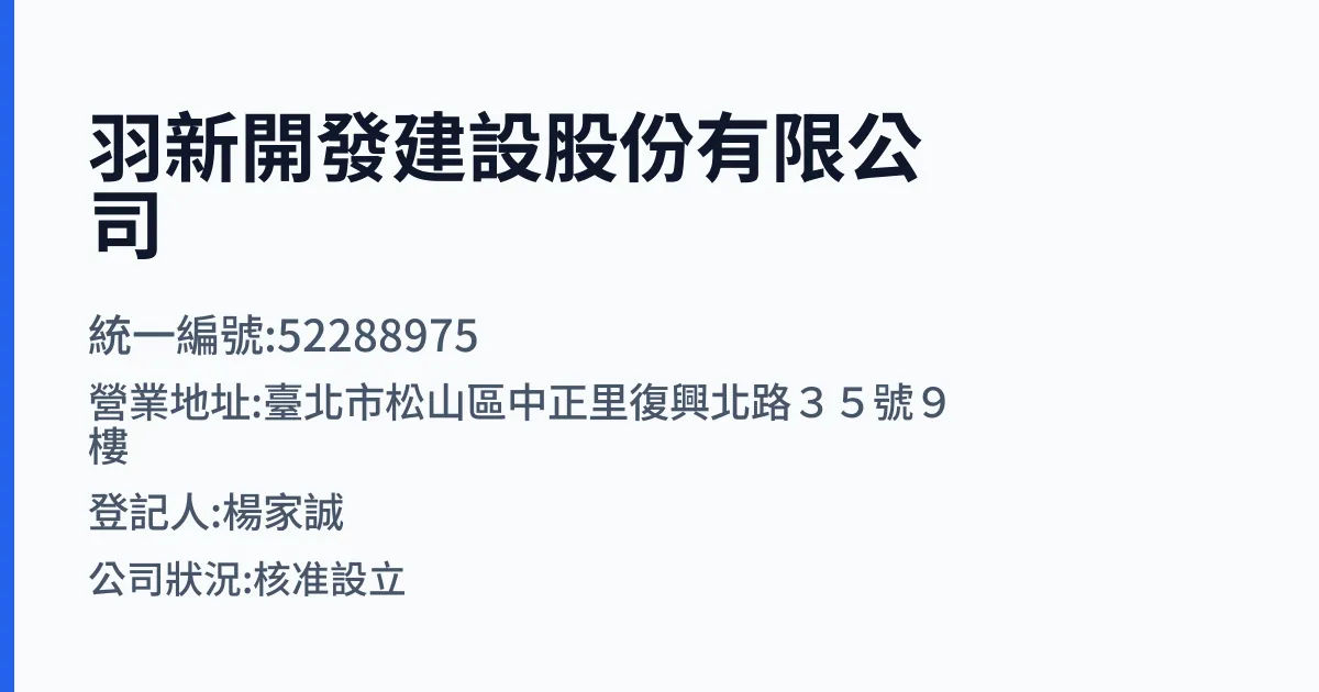 羽新開發建設股份有限公司 - 統編 52288975(臺北市) 公司登記資料與營業項目詳細圖表