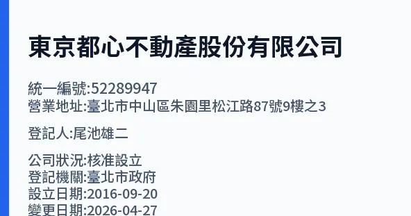 東京都心不動產股份有限公司的照片-統編 52289947(臺北市) 公司登記資料與營業項目詳細圖表