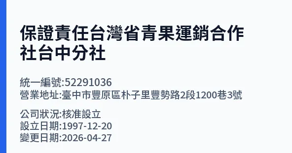 保證責任台灣省青果運銷合作社台中分社的照片-統編 52291036(臺中市) 公司登記資料與營業項目詳細圖表