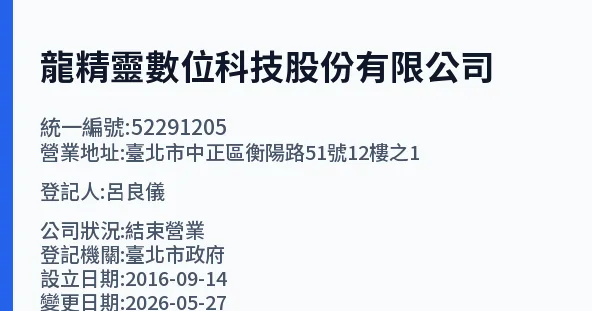 龍精靈數位科技股份有限公司的照片-統編 52291205(臺北市) 公司登記資料與營業項目詳細圖表