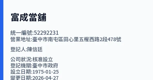 富成當舖的照片-統編 52292231(臺中市) 公司登記資料與營業項目詳細圖表