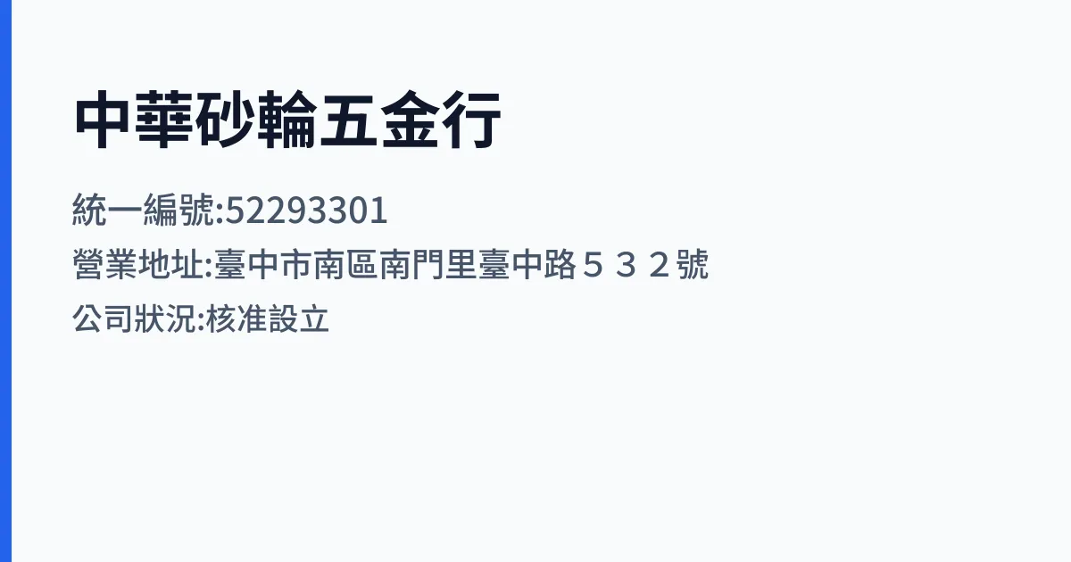 中華砂輪五金行 - 統編 52293301(臺中市) 公司登記資料與營業項目詳細圖表