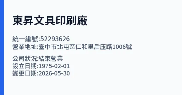 東昇文具印刷廠的照片-統編 52293626(臺中市) 公司登記資料與營業項目詳細圖表