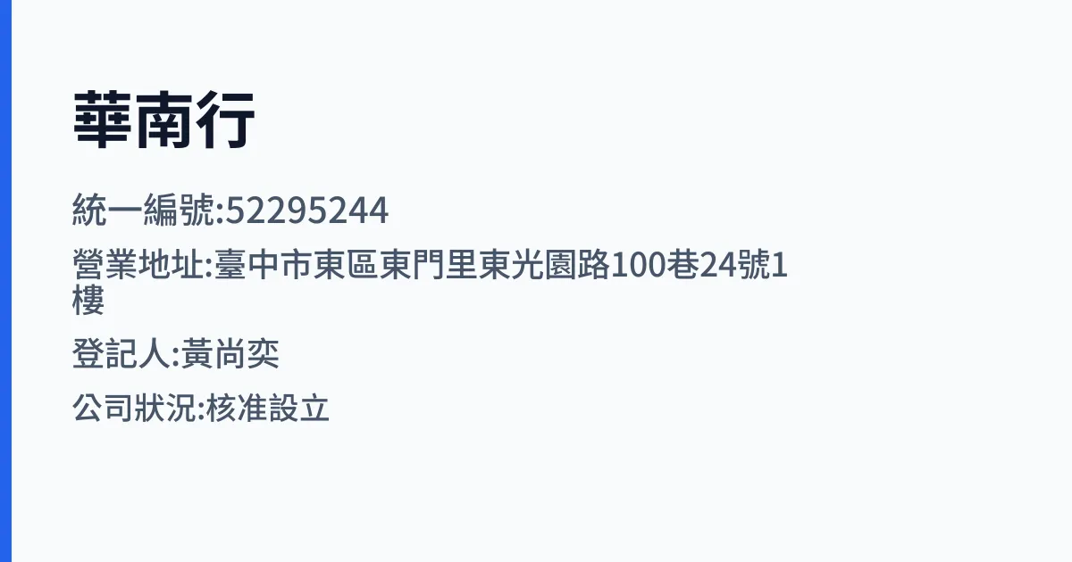華南行 - 統編 52295244（臺中市） 公司登記資料與營業項目詳細圖表