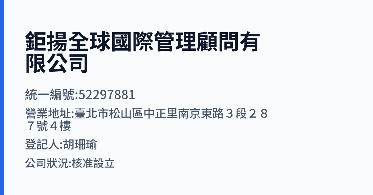 鉅揚全球國際管理顧問有限公司 - 統編 52297881(臺北市) 公司登記資料與營業項目詳細圖表
