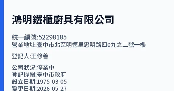 鴻明鐵櫃廚具有限公司的照片-統編 52298185(臺中市) 公司登記資料與營業項目詳細圖表