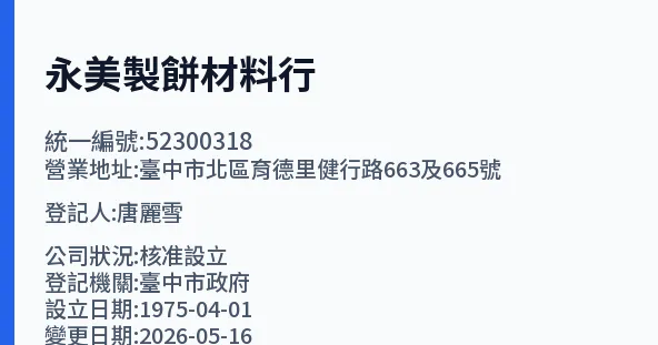 永美製餅材料行的照片-統編 52300318(臺中市) 公司登記資料與營業項目詳細圖表