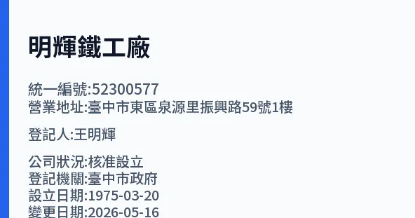 明輝鐵工廠的照片-統編 52300577(臺中市) 公司登記資料與營業項目詳細圖表