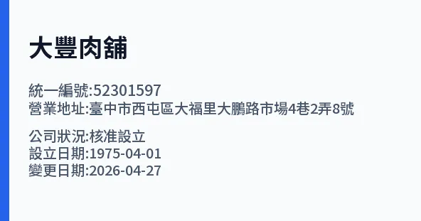 大豐肉舖的照片-統編 52301597(臺中市) 公司登記資料與營業項目詳細圖表