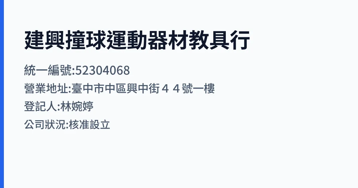 建興撞球運動器材教具行 - 統編 52304068(臺中市) 公司登記資料與營業項目詳細圖表