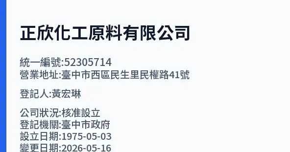 正欣化工原料有限公司的照片-統編 52305714(臺中市) 公司登記資料與營業項目詳細圖表