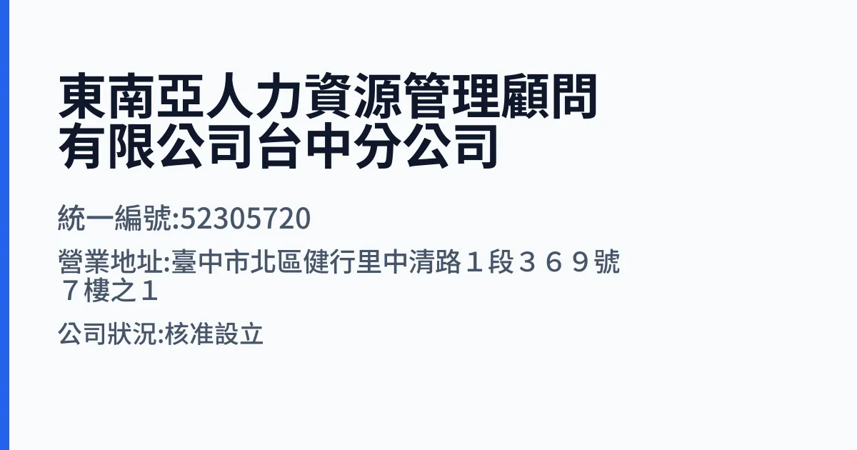 東南亞人力資源管理顧問有限公司台中分公司 - 統編 52305720(臺中市) 公司登記資料與營業項目詳細圖表