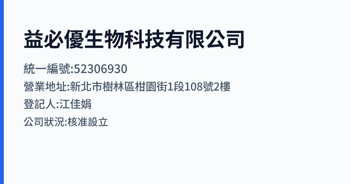 益必優生物科技有限公司 - 統編 52306930(新北市) 公司登記資料與營業項目詳細圖表