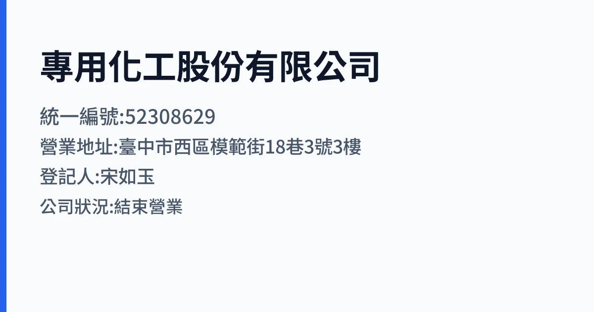 專用化工股份有限公司 - 統編 52308629(臺中市) 公司登記資料與營業項目詳細圖表