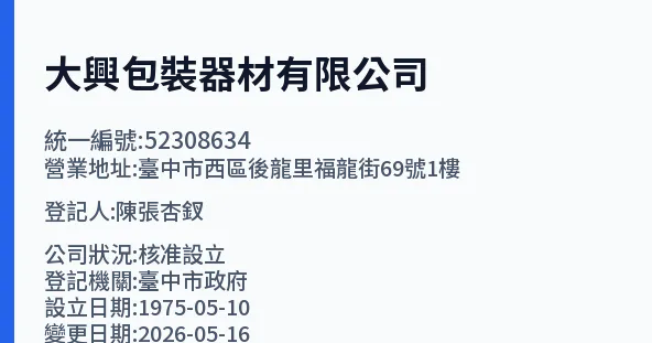 大興包裝器材有限公司的照片-統編 52308634(臺中市) 公司登記資料與營業項目詳細圖表