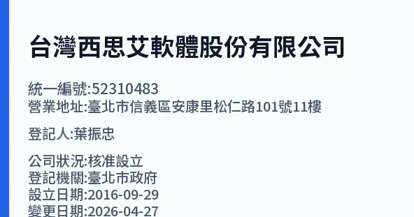 台灣西思艾軟體股份有限公司的照片-統編 52310483(臺北市) 公司登記資料與營業項目詳細圖表