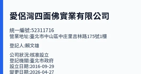 愛侶灣四面佛實業有限公司的照片-統編 52311716(臺北市) 公司登記資料與營業項目詳細圖表