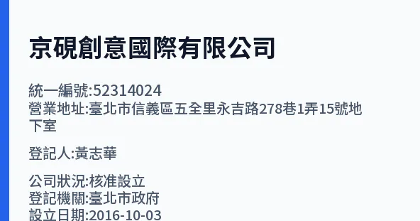 京硯創意國際有限公司的照片-統編 52314024(臺北市) 公司登記資料與營業項目詳細圖表