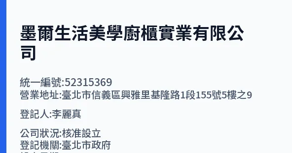 墨爾生活美學廚櫃實業有限公司的照片-統編 52315369(臺北市) 公司登記資料與營業項目詳細圖表