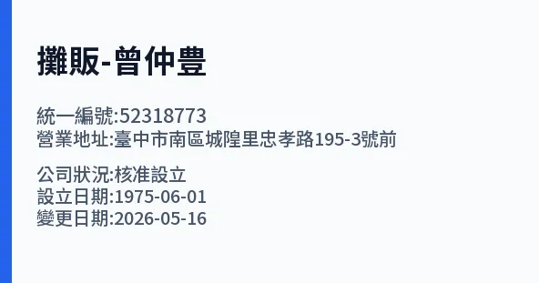 攤販-曾仲豊的照片-統編 52318773(臺中市) 公司登記資料與營業項目詳細圖表