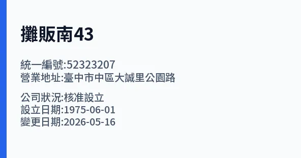 攤販南43的照片-統編 52323207(臺中市) 公司登記資料與營業項目詳細圖表