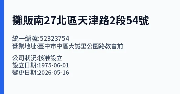 攤販南27北區天津路2段54號的照片-統編 52323754(臺中市) 公司登記資料與營業項目詳細圖表