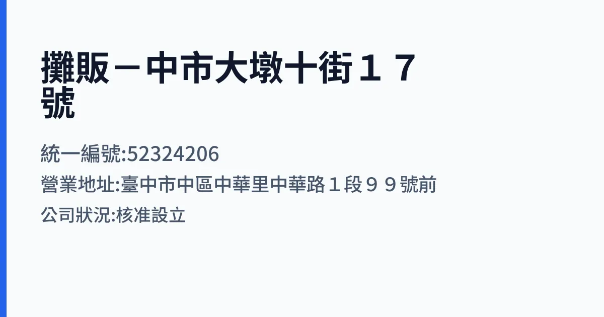 攤販-中市大墩十街17號 - 統編 52324206(臺中市) 公司登記資料與營業項目詳細圖表