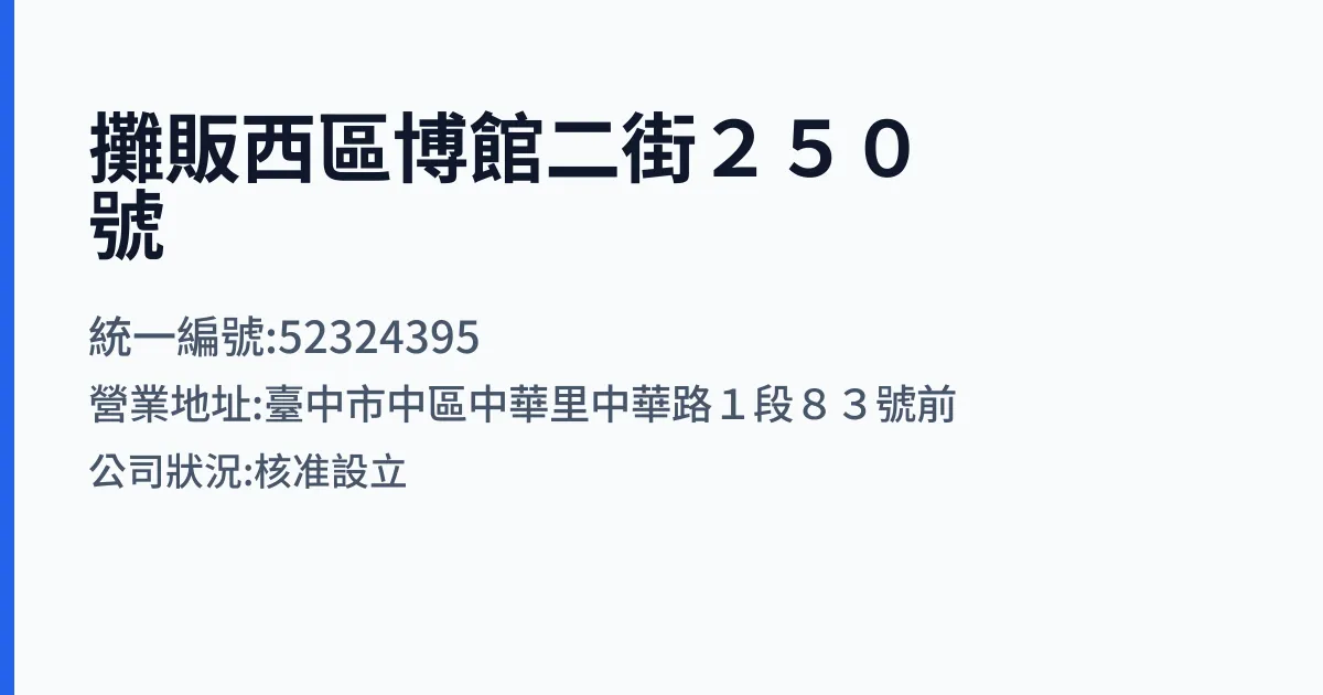 攤販西區博館二街250號 - 統編 52324395(臺中市) 公司登記資料與營業項目詳細圖表