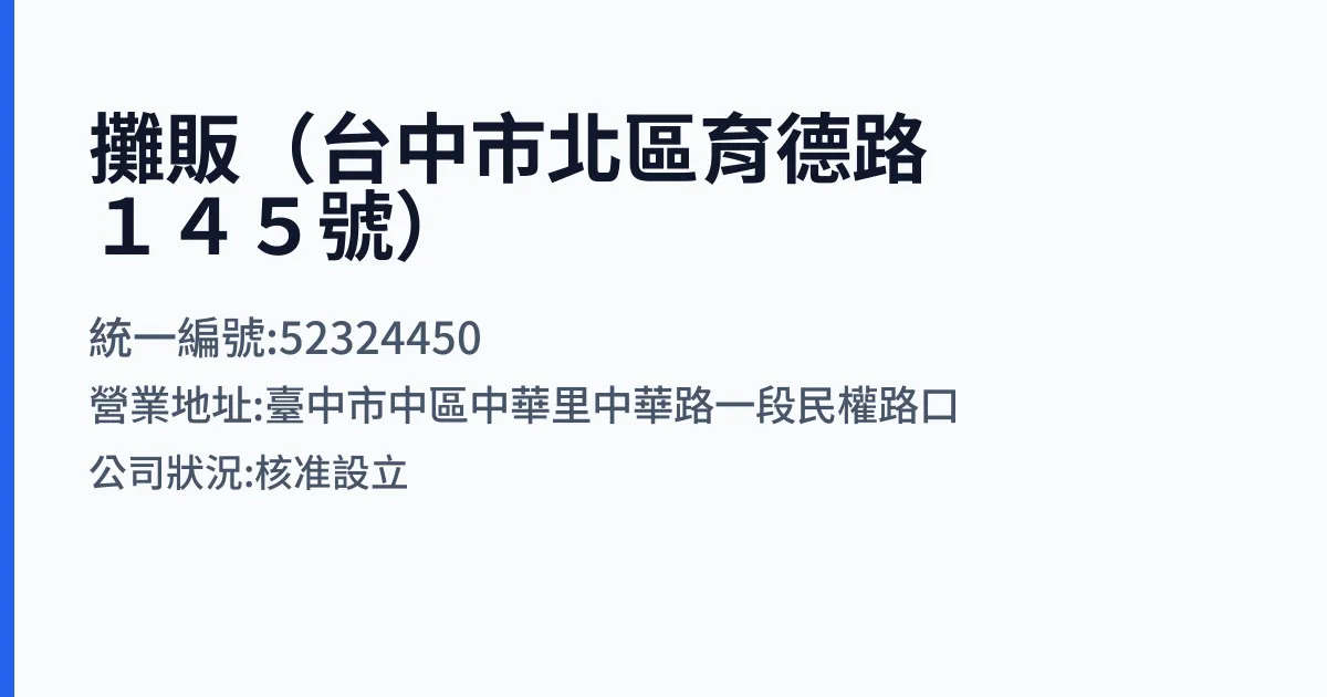 攤販（台中市北區育德路１４５號） - 統編 52324450(臺中市) 公司登記資料與營業項目詳細圖表