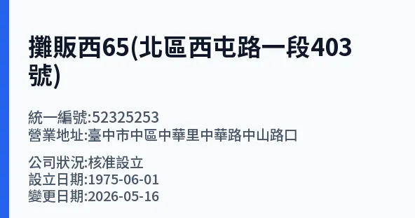 攤販西65(北區西屯路一段403號)的照片-統編 52325253(臺中市) 公司登記資料與營業項目詳細圖表