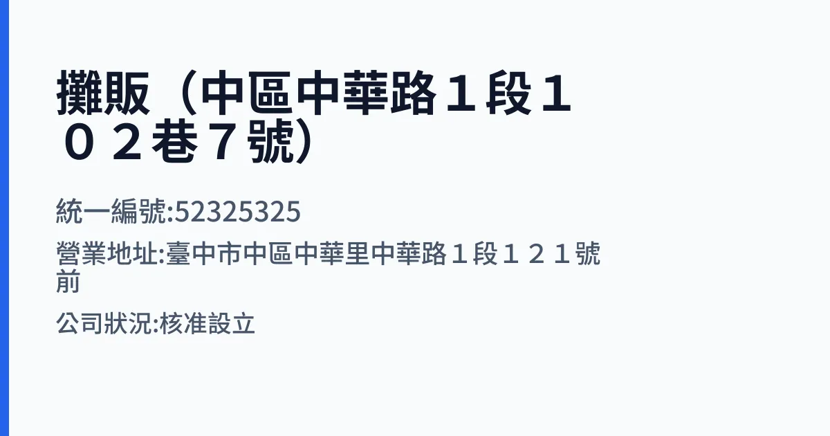 攤販（中區中華路１段１０２巷７號） - 統編 52325325(臺中市) 公司登記資料與營業項目詳細圖表