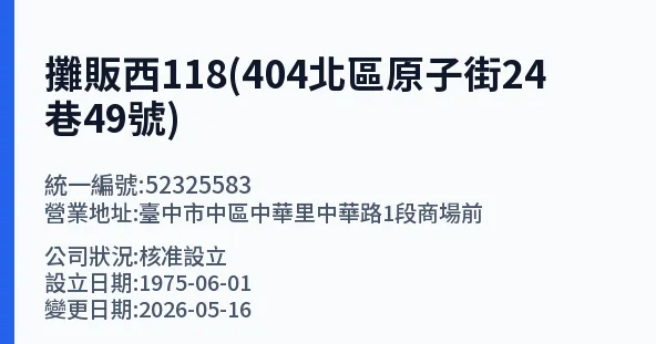 攤販西118(404北區原子街24巷49號)的照片-統編 52325583(臺中市) 公司登記資料與營業項目詳細圖表