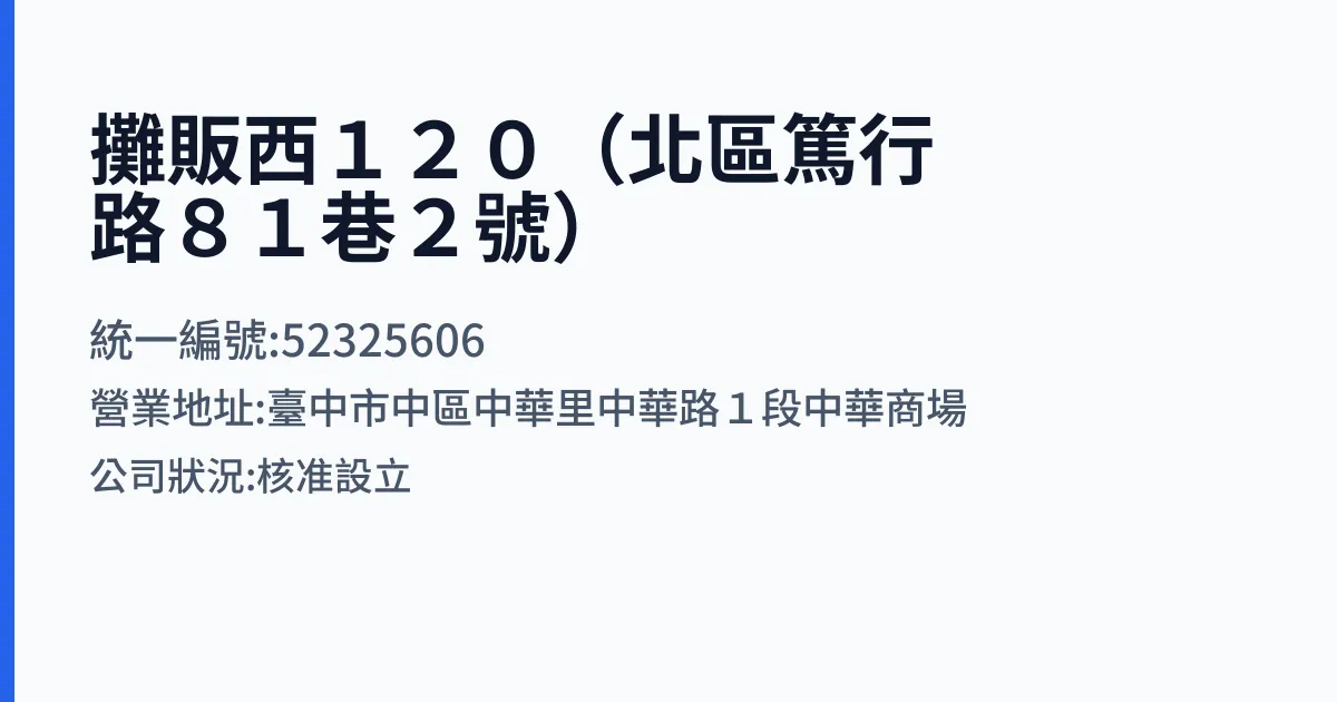 攤販西１２０（北區篤行路８１巷２號） - 統編 52325606(臺中市) 公司登記資料與營業項目詳細圖表